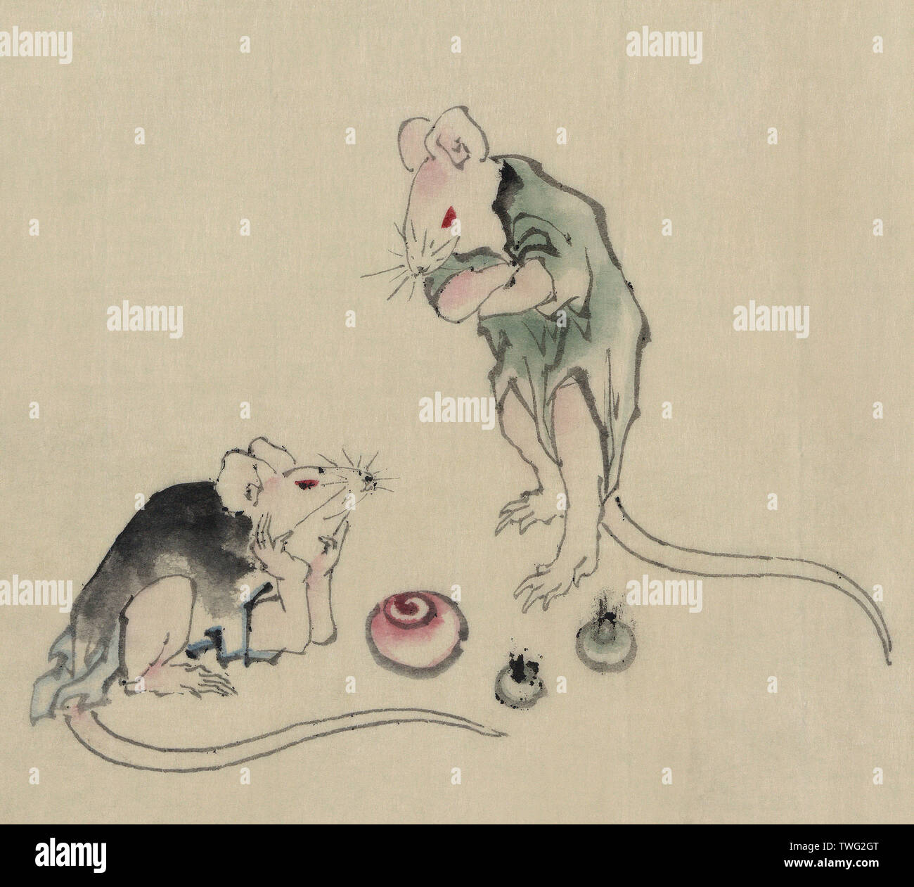 Hokusai - Two Mice One Lying Ground With Head Resting Forepaws Stock ...