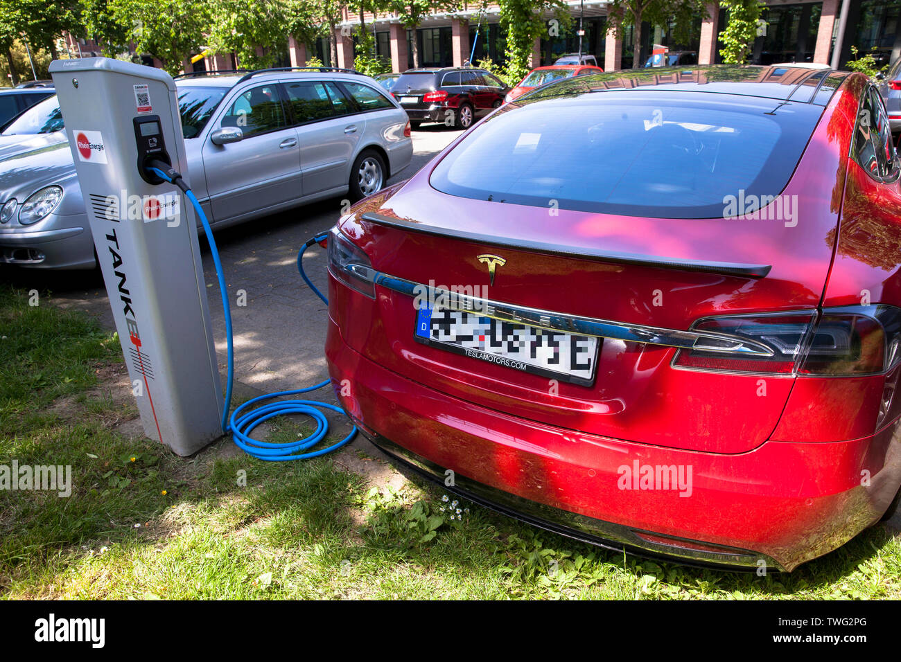 a Tesla Modell S at a charging station of the Mobilstation on the ...