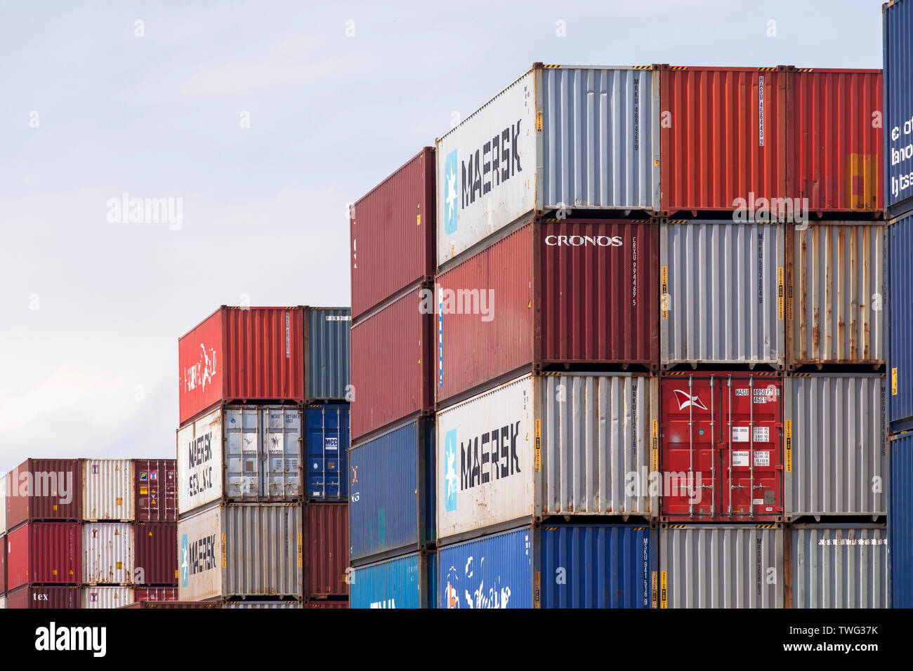 Germany, Cologne, the container terminal of the Rhine harbour in the ...