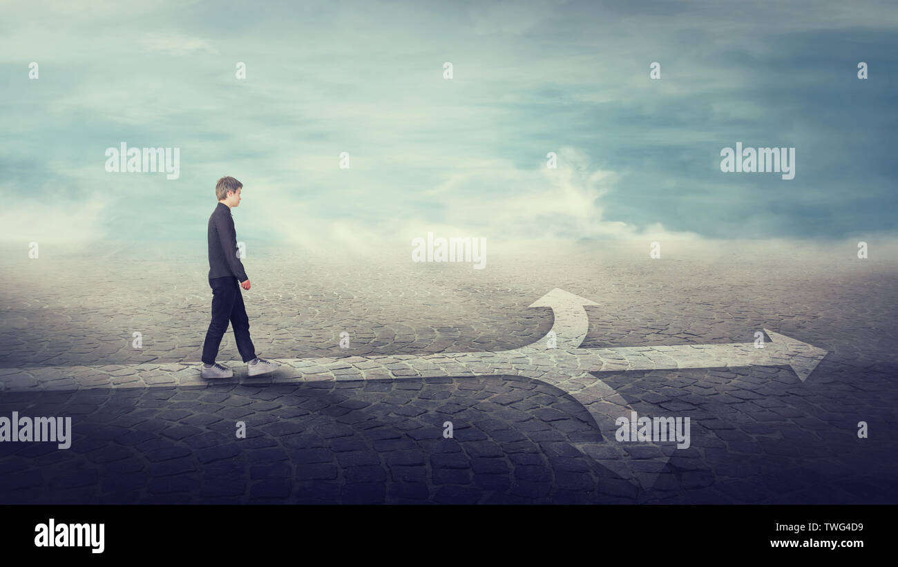 Businesswoman walking on a line in front of a crossroad split in three ...