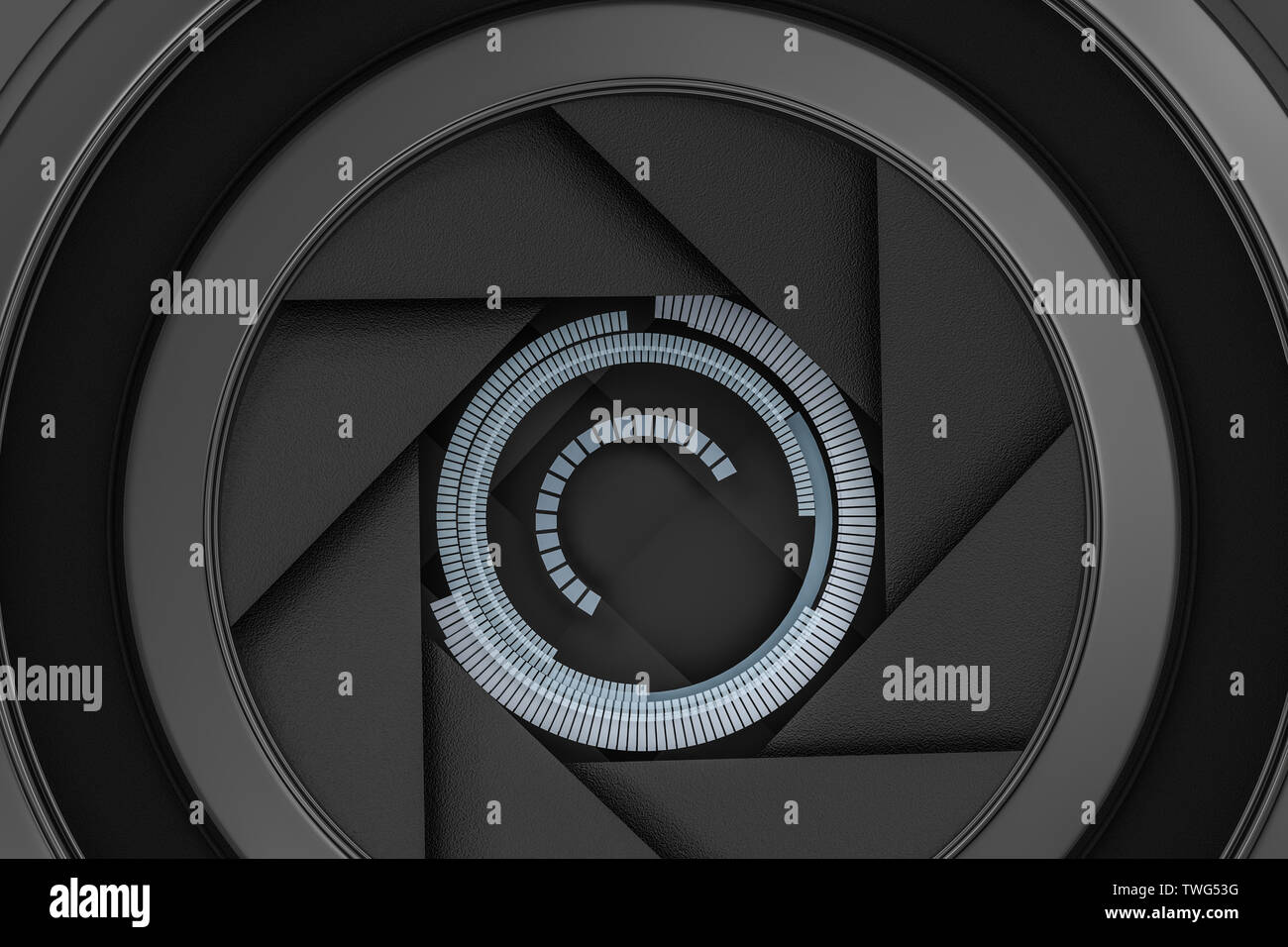 3d rendering,camera lens in a dark studio background. Computer digital ...