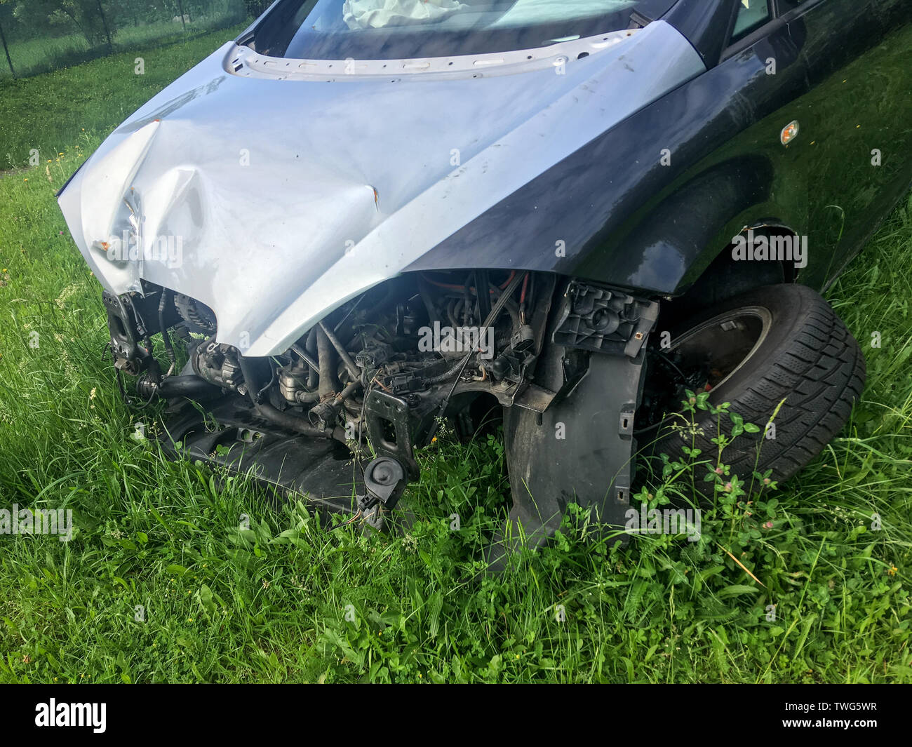 The wreck of the car is standing on the grass with broken wheel and ...