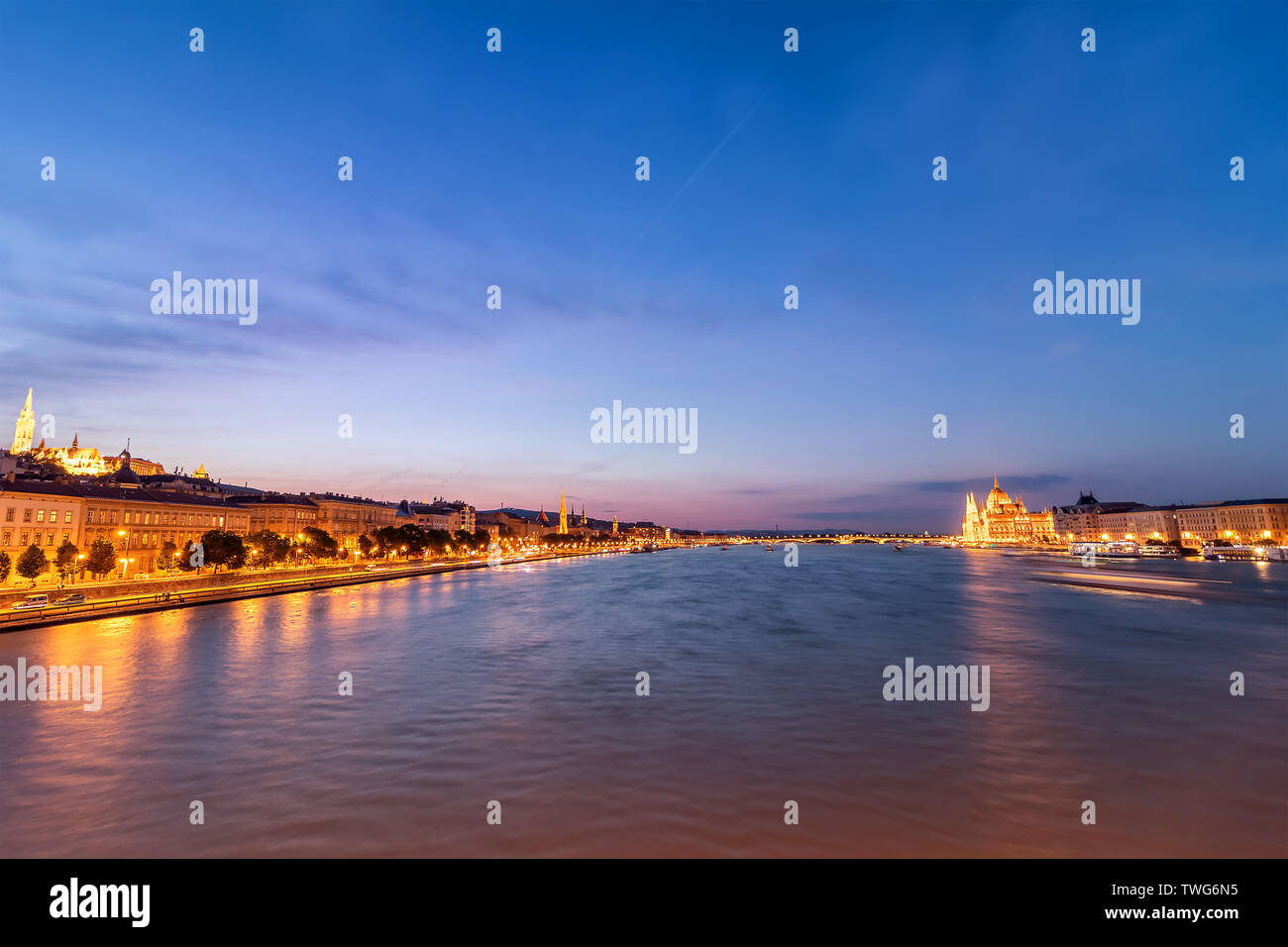 View of Budapest sunset from famous Chain bridge, Hungary Stock Photo ...