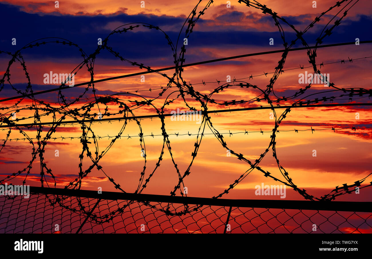 beautiful sunset behind the fence with barbed wire Stock Photo - Alamy