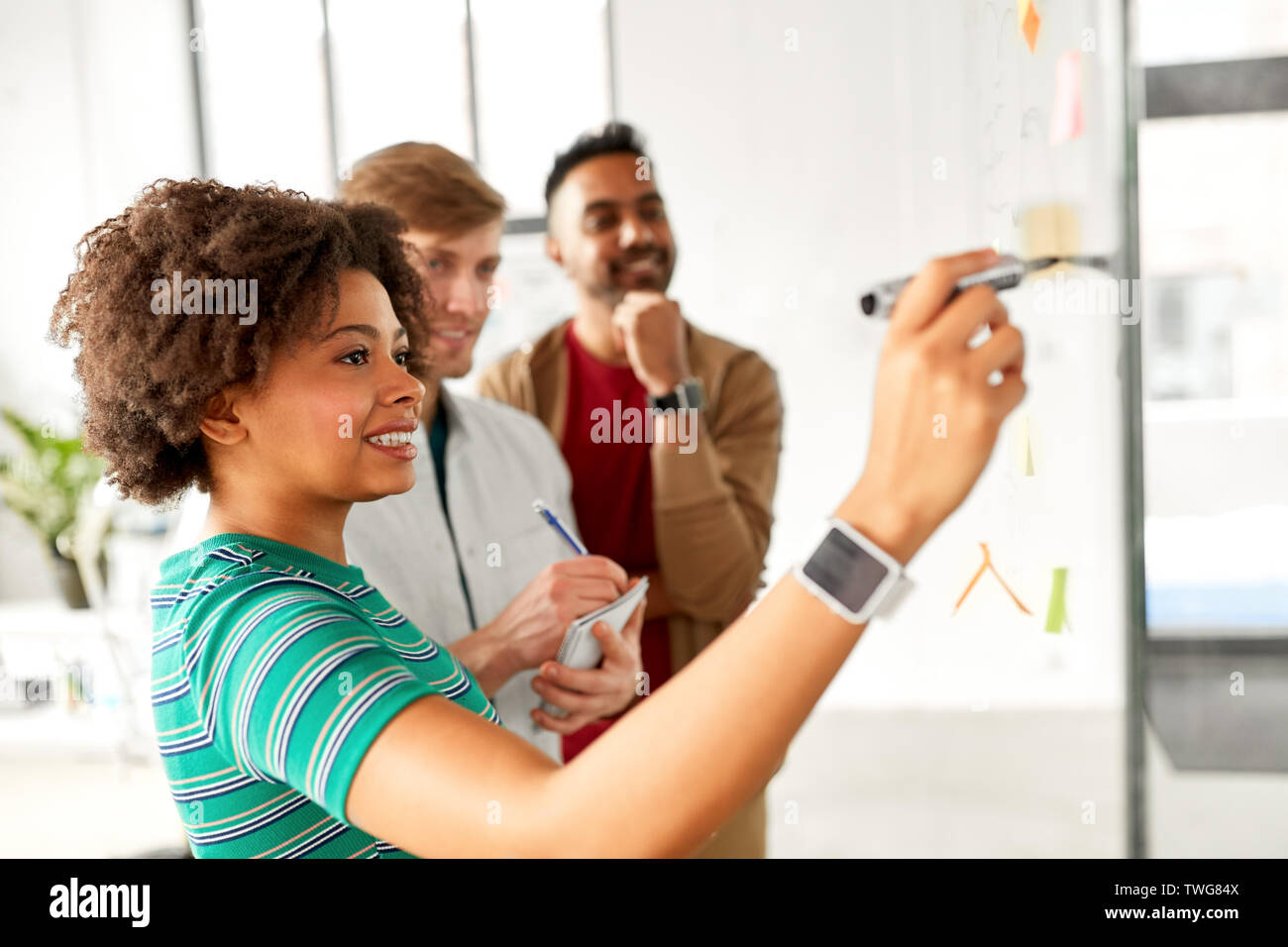 creative team writing on glass board at office Stock Photo - Alamy