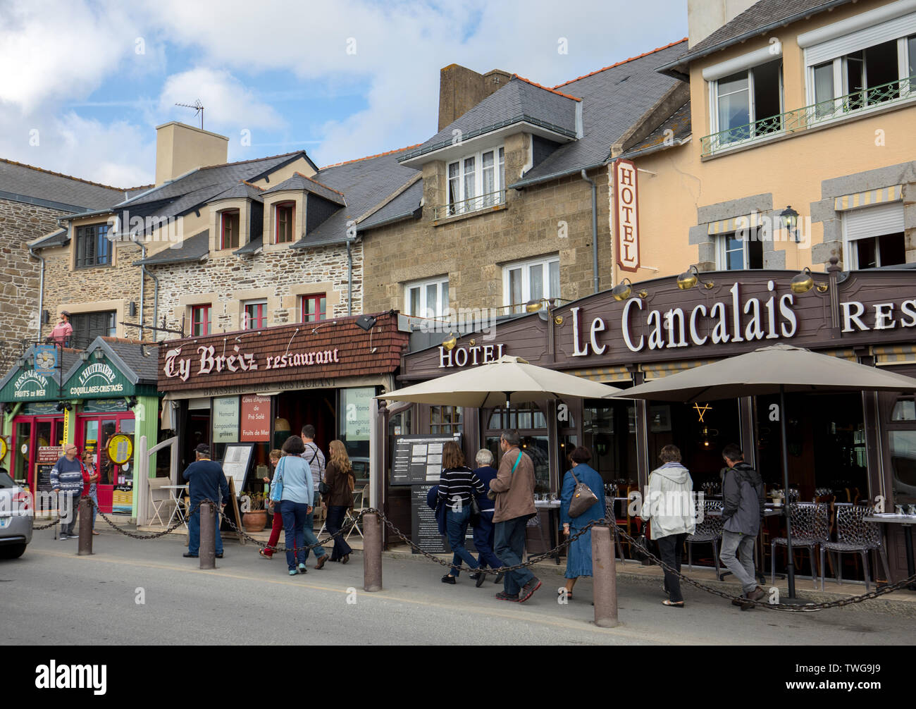 Cancale, France - September 15, 2018: Bars and restaurants on the main ...