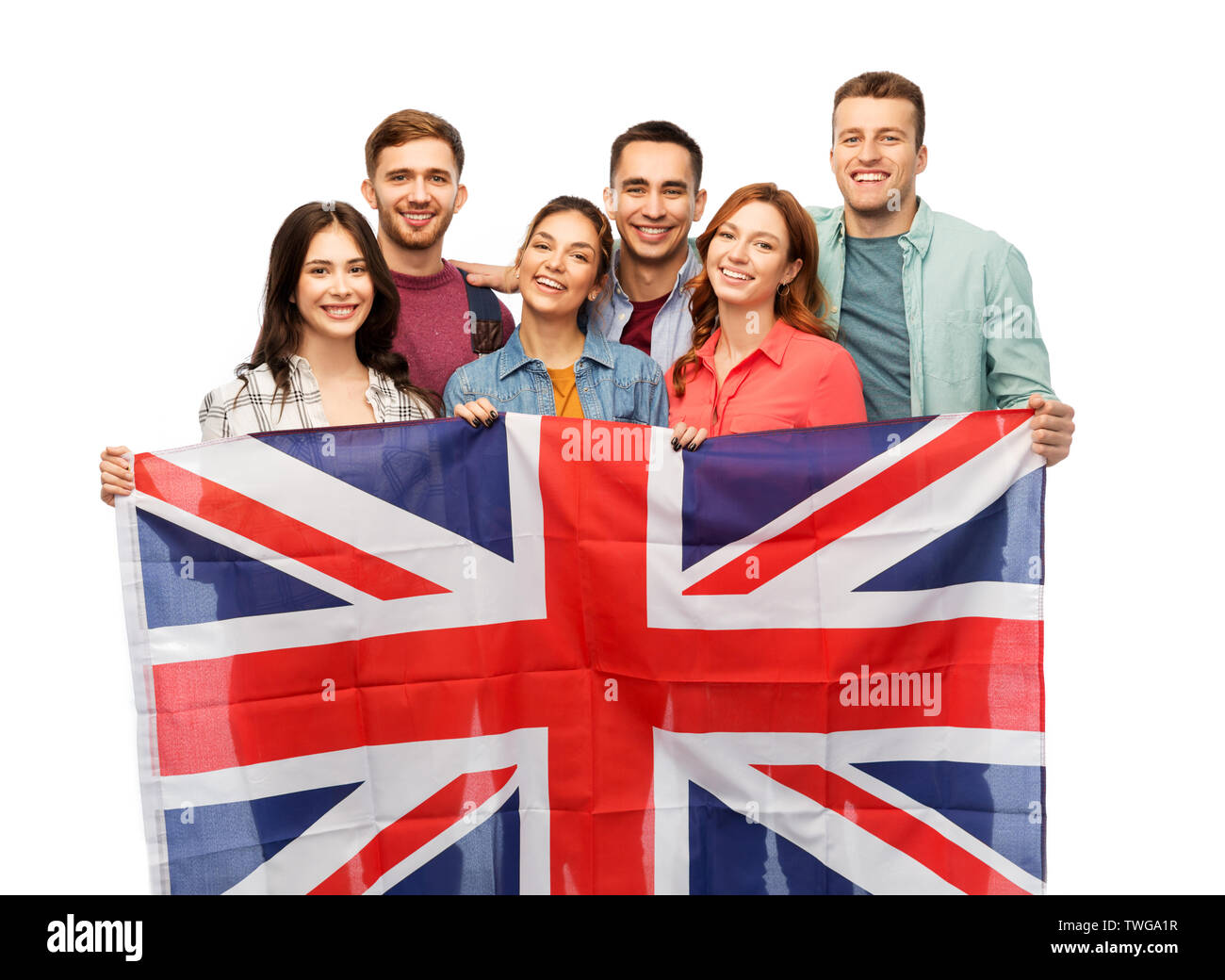 group of smiling friends with british flag Stock Photo - Alamy