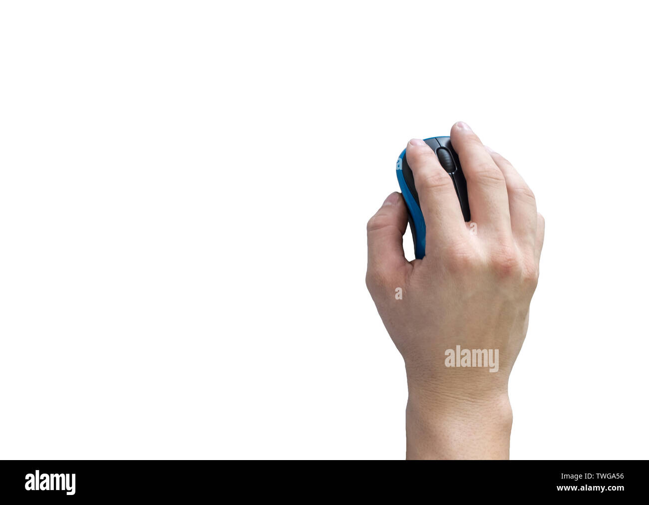 Male hand holding click mouse on white background Stock Photo - Alamy