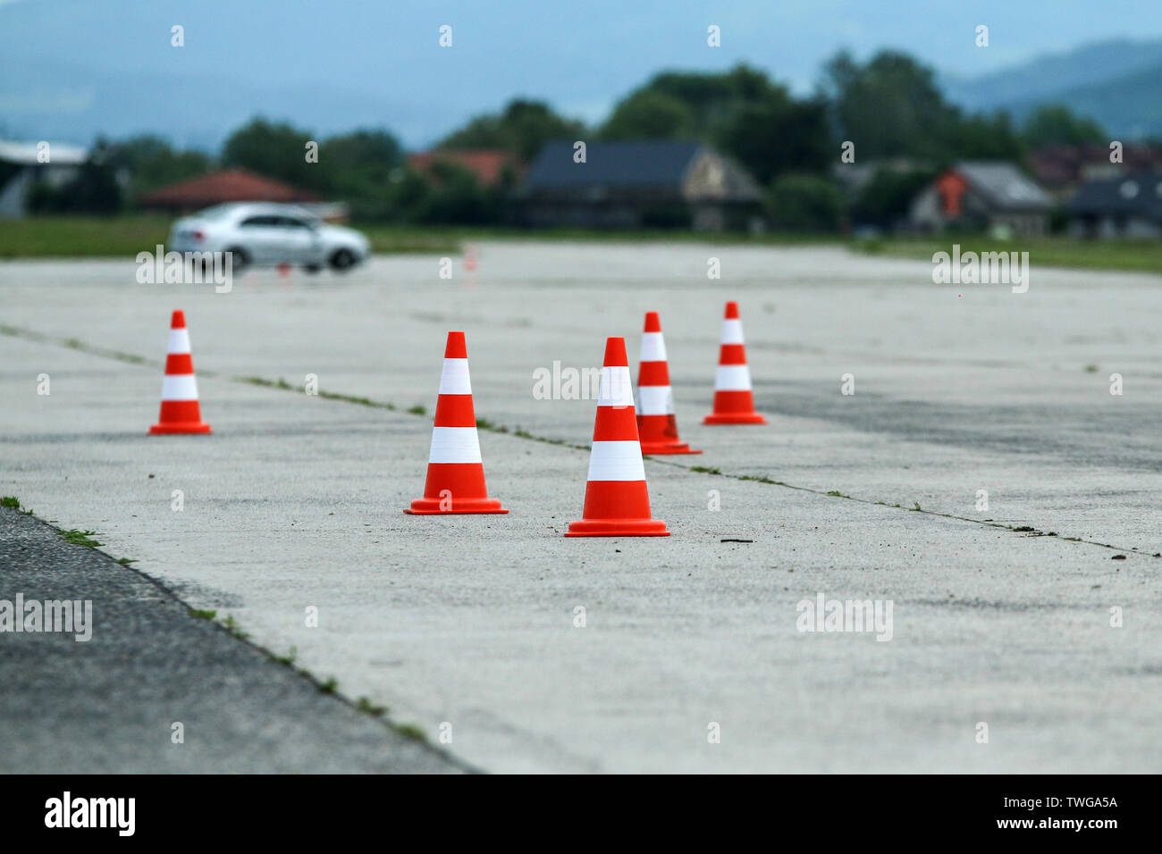 The detail of the traffic cones on the concrete area. They are used for ...