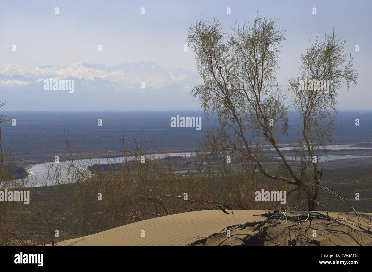 View from sand dune. The Singing Barkhan, national park Altyn Emel ...