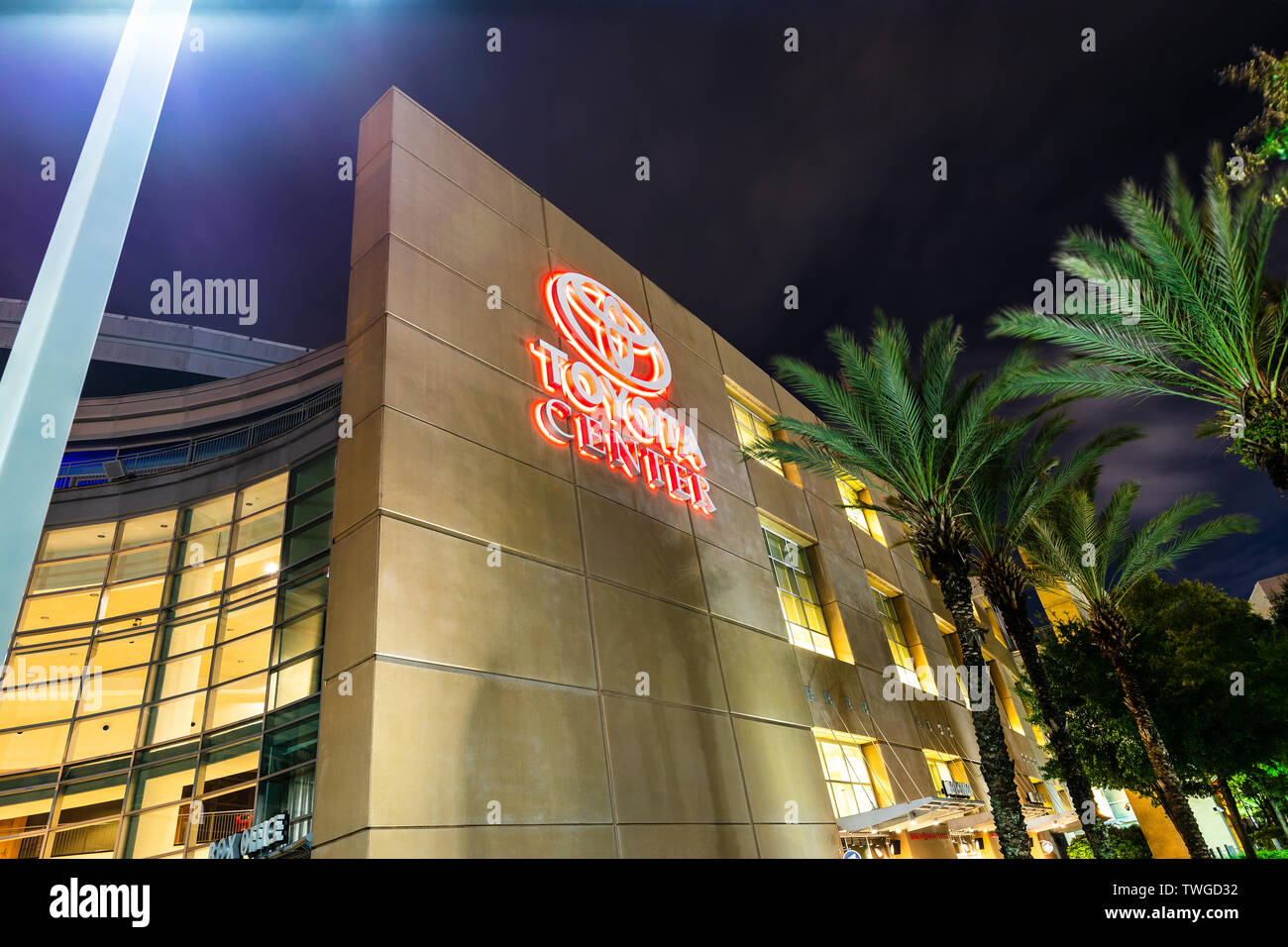 A night shot of the logo on the Toyota Center stadium, home to the NBA ...
