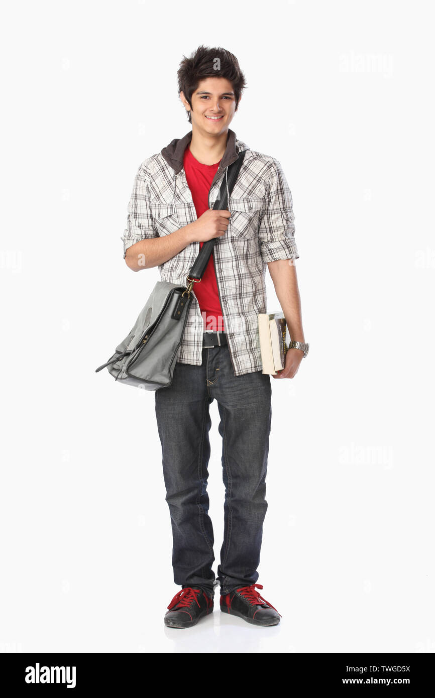 College student with the bag and smiling Stock Photo - Alamy