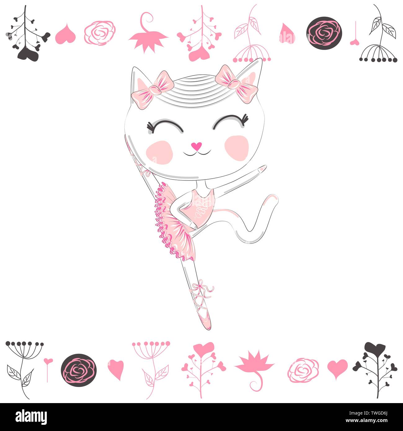 Cute dancing cat ballerina in the tutu. Cartoon hand drawn Stock Vector ...