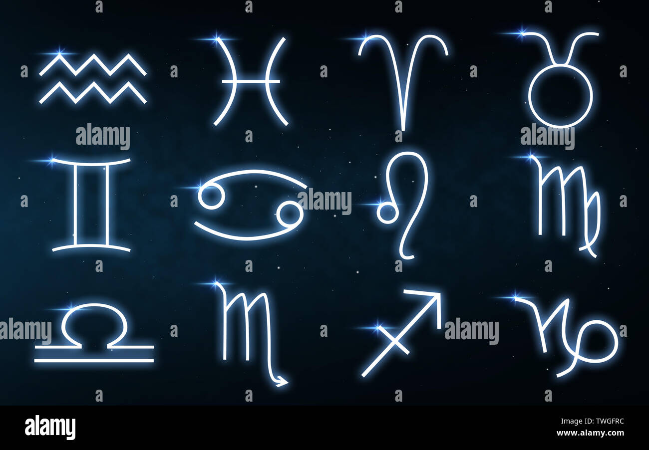 set of zodiac signs over night sky background Stock Photo - Alamy