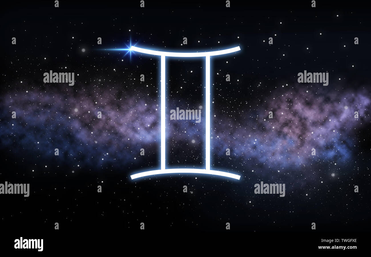 gemini zodiac sign over night sky and galaxy Stock Photo - Alamy