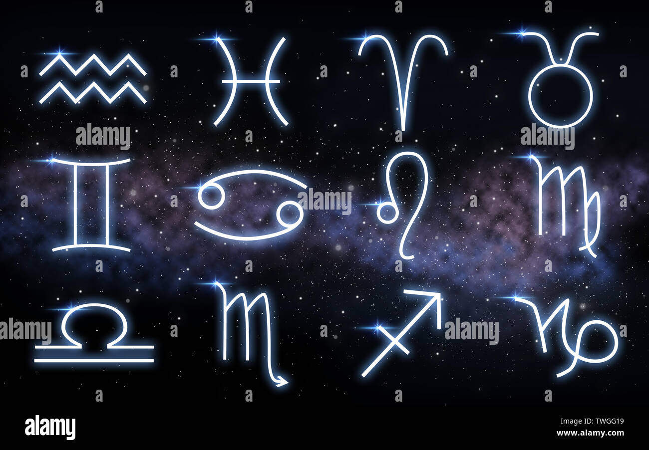 set of zodiac signs over night sky and galaxy Stock Photo - Alamy