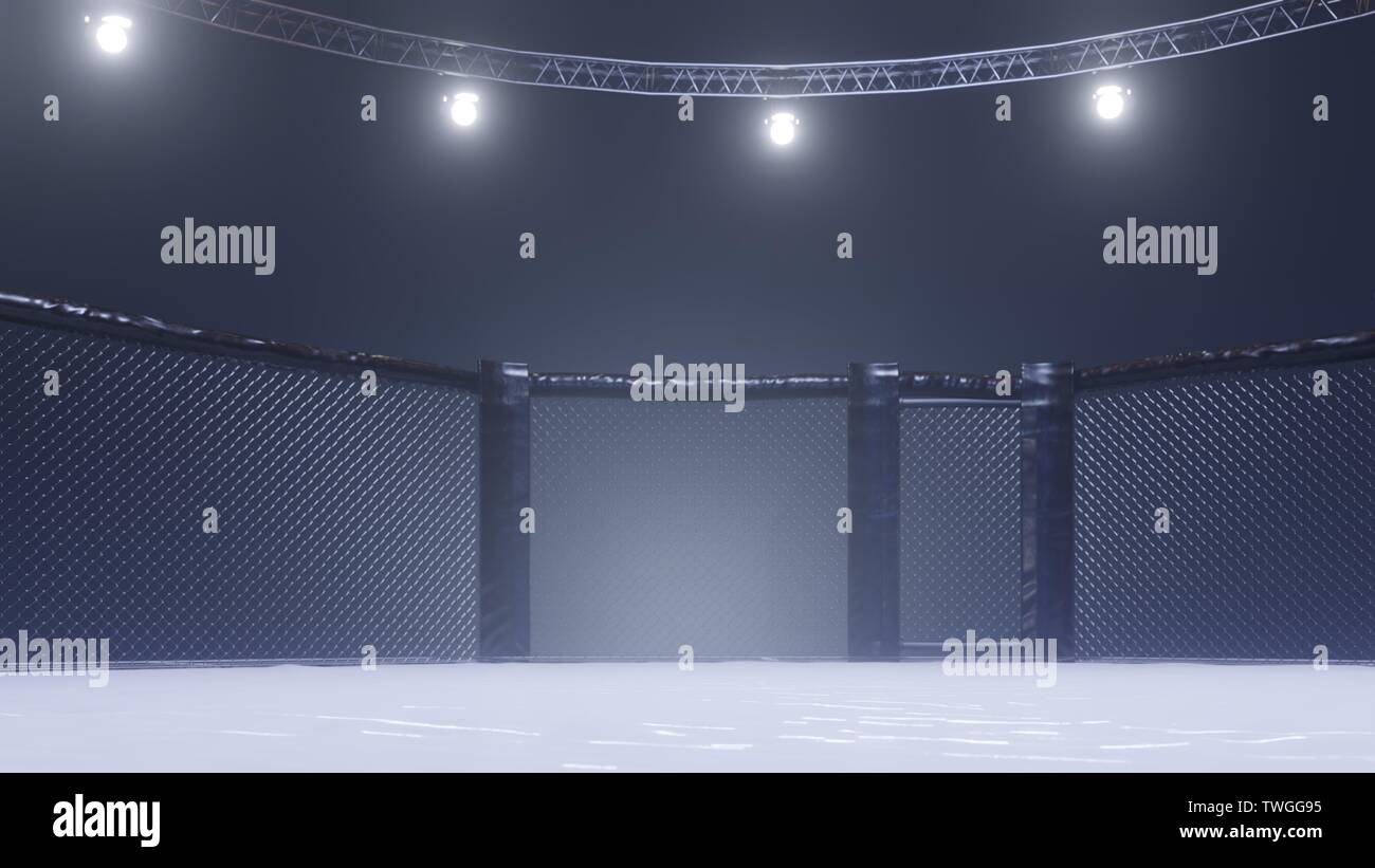A 3d render of MMA arena fight cage under floodlights Stock Photo - Alamy