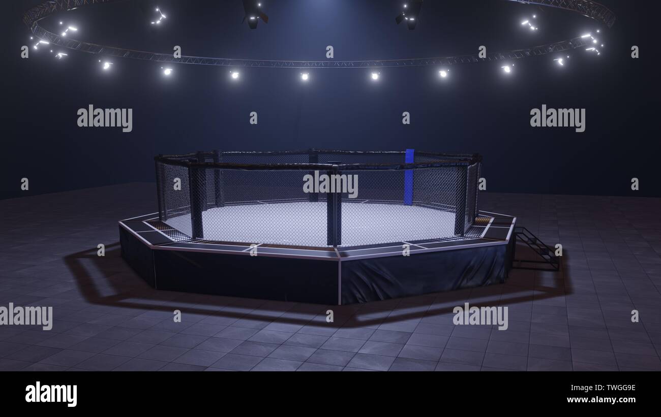 A 3d render of MMA arena fight cage under floodlights on stone floor ...