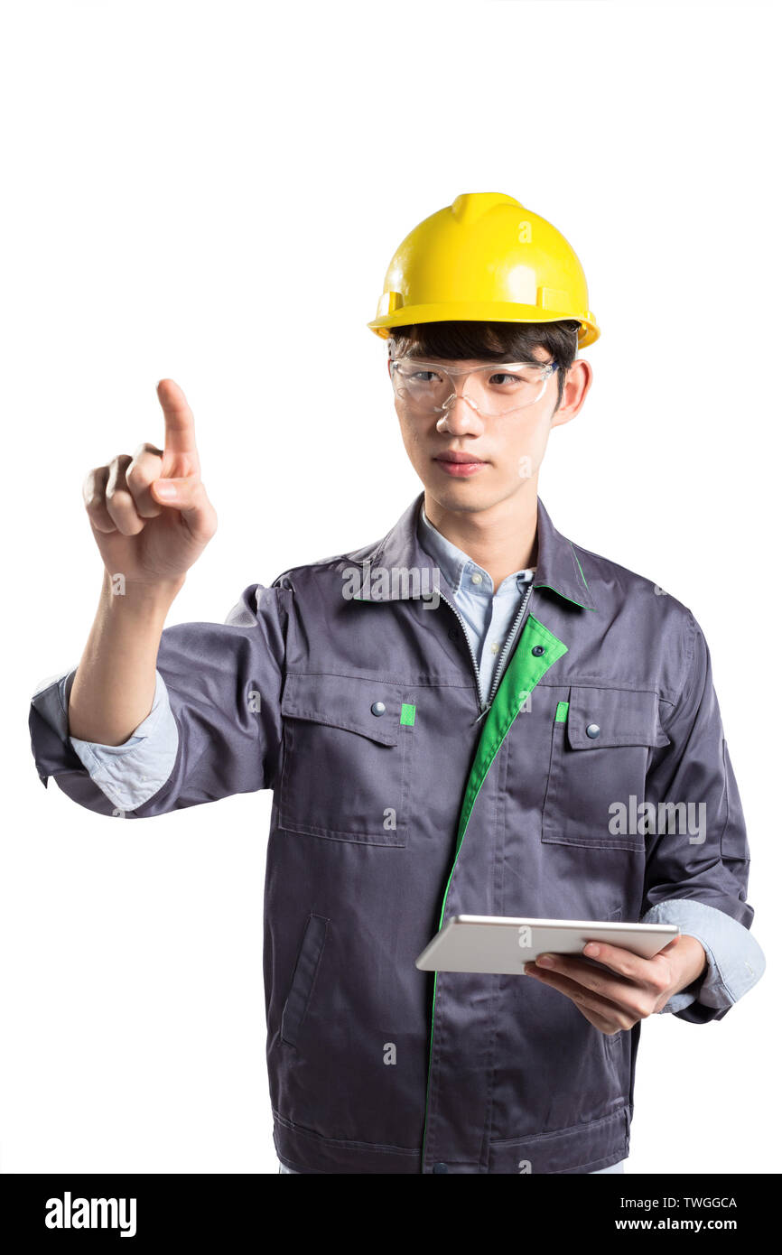 pose and gesture of young asian technician on white background Stock ...