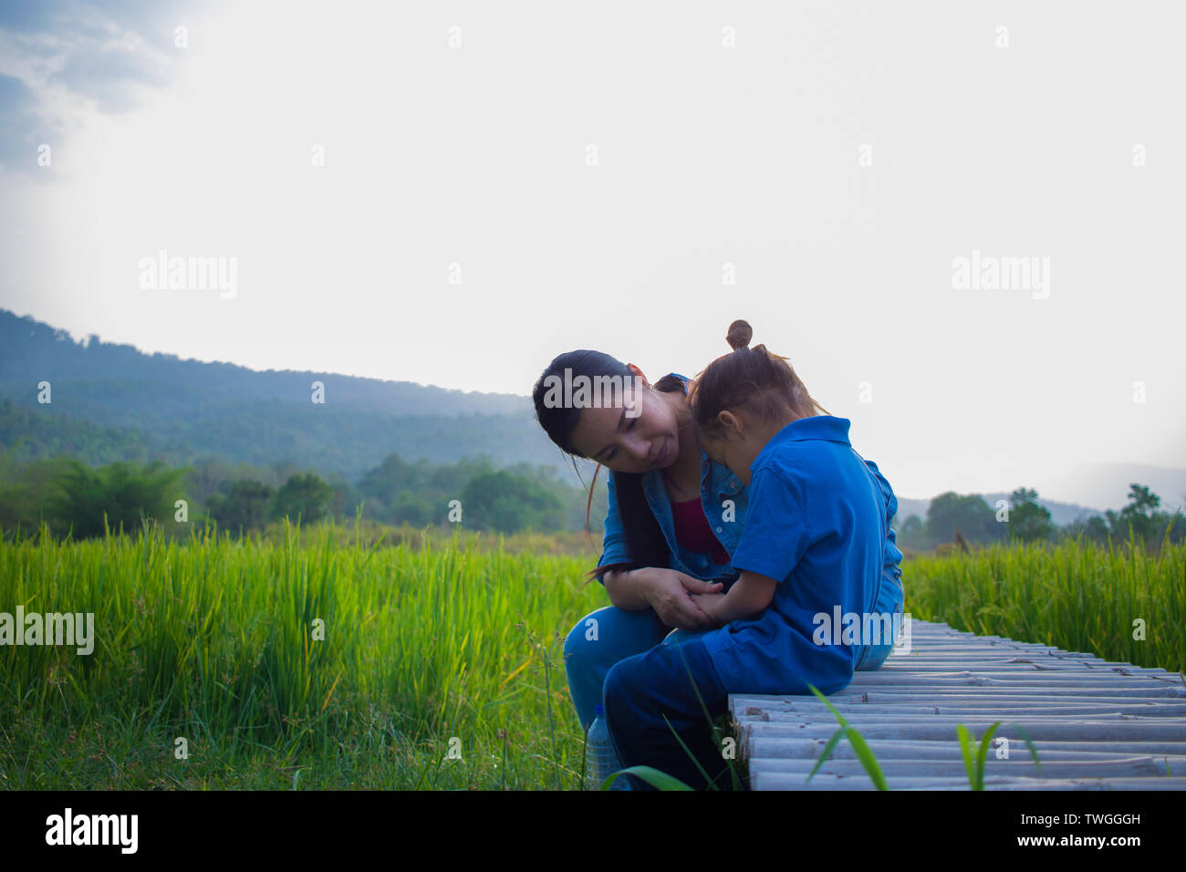 Young mother hugging and soothing a crying little boy, Asian mother ...