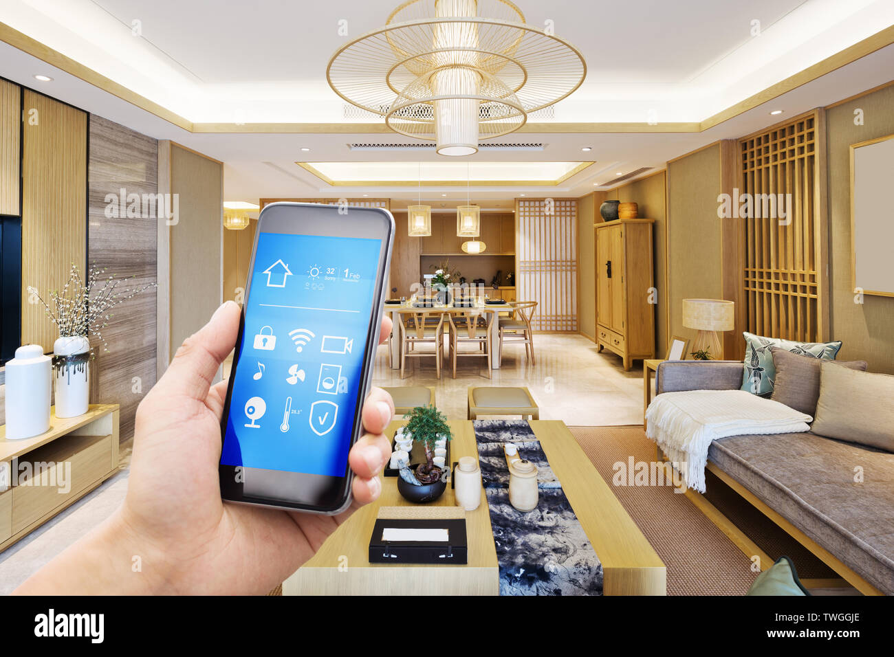 smart phone with smart home with modern living room Stock Photo - Alamy