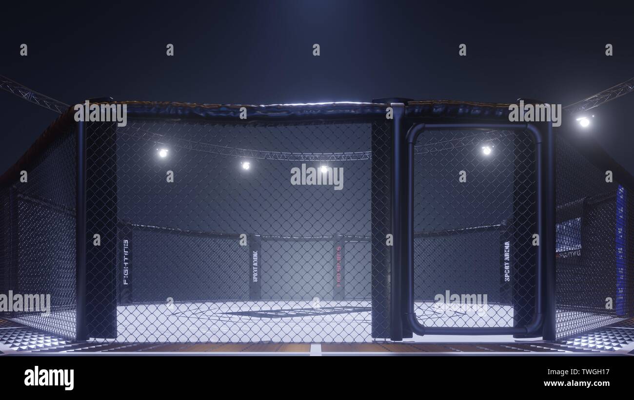 A 3d render of MMA arena fight cage under floodlights Stock Photo - Alamy