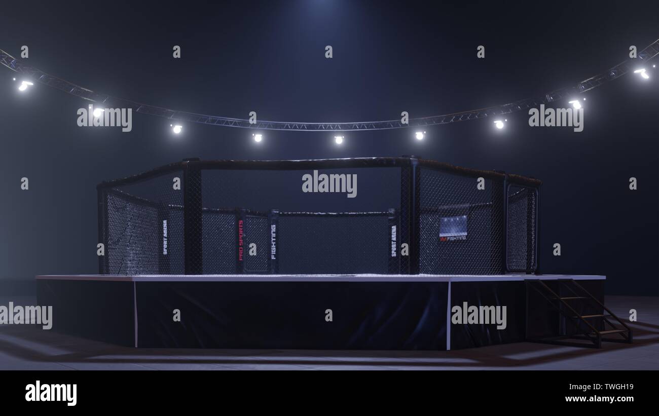 A 3d render of MMA arena fight cage under floodlights Stock Photo - Alamy