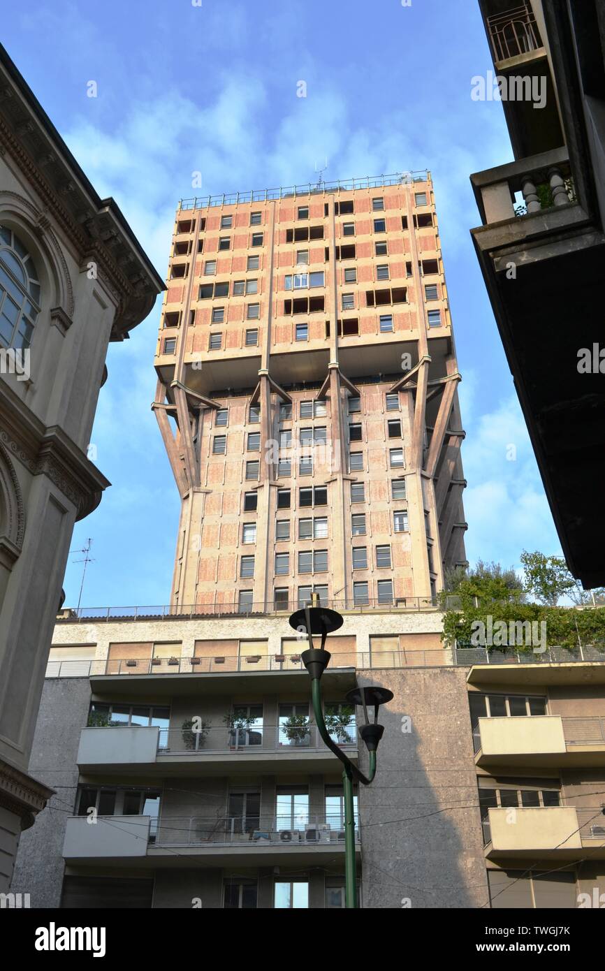 View to the Velasca Tower, one of Milan city downtown old skyscrapers ...