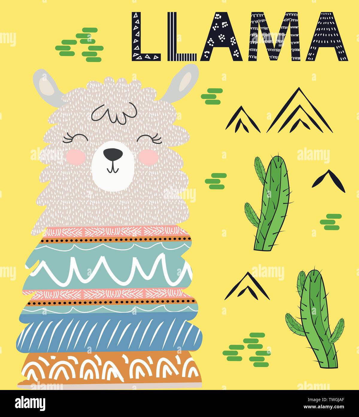 Cute cartoon llama alpaca vector graphic design set. Hand drawn llama ...