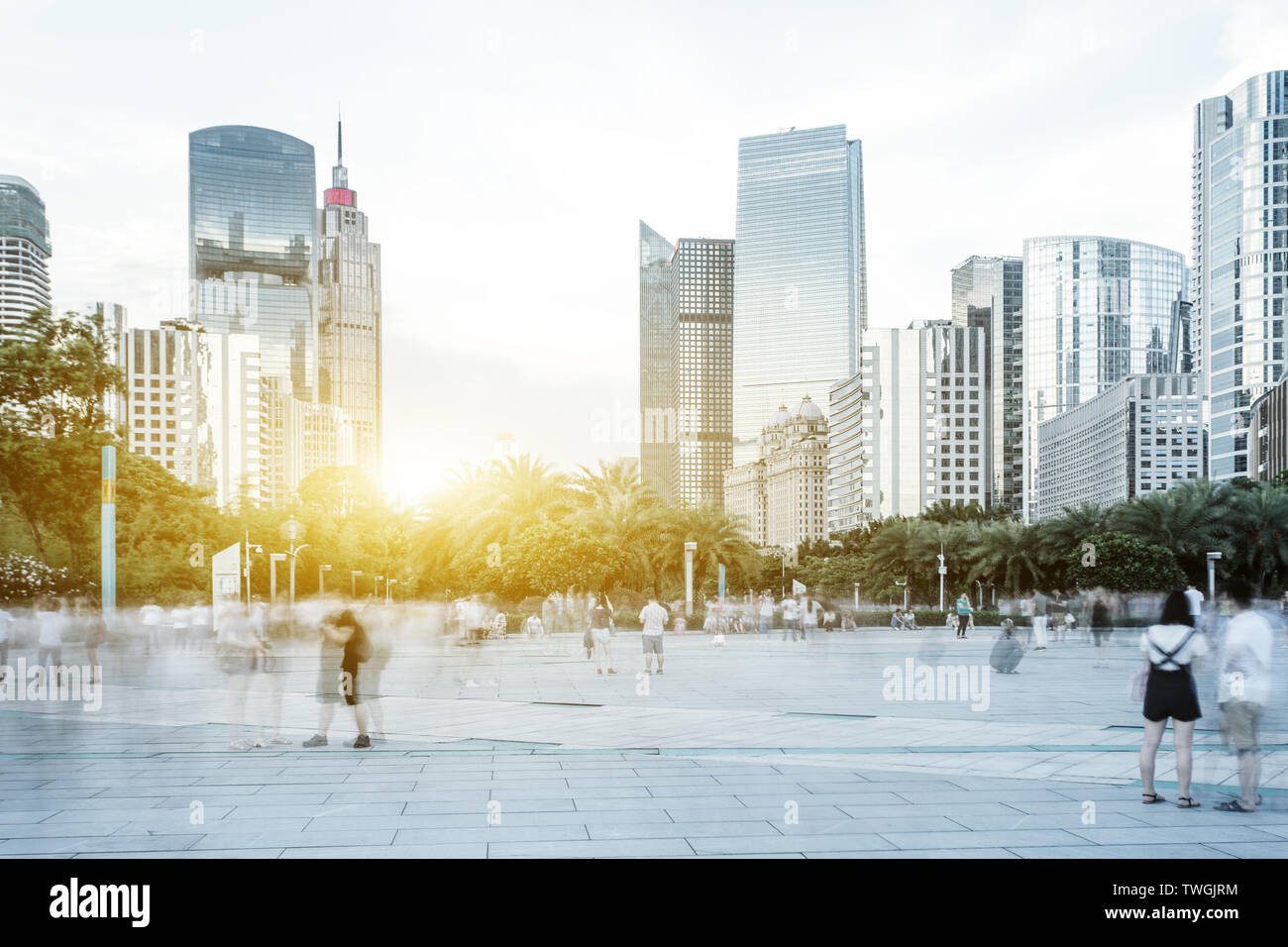 modern square and skyscrapers under sunbeam Stock Photo - Alamy