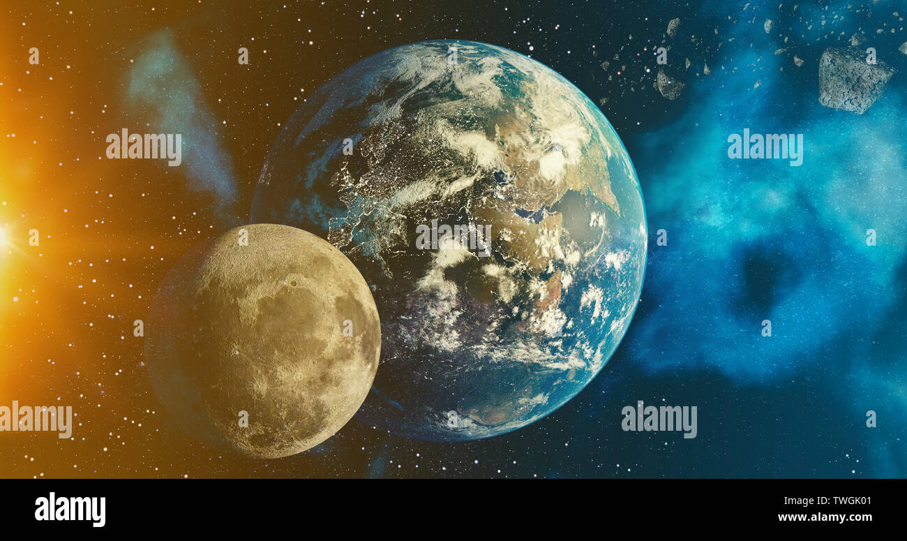 the solar system Earth and Moon planet concept over galactic background ...