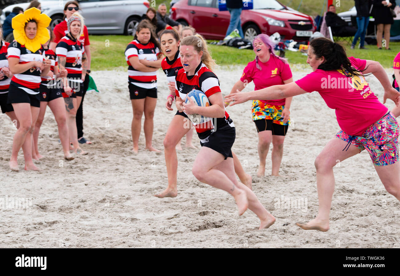 Beach rugby tournament on 8 June 2019 at Port Ellen on Islay in inner ...