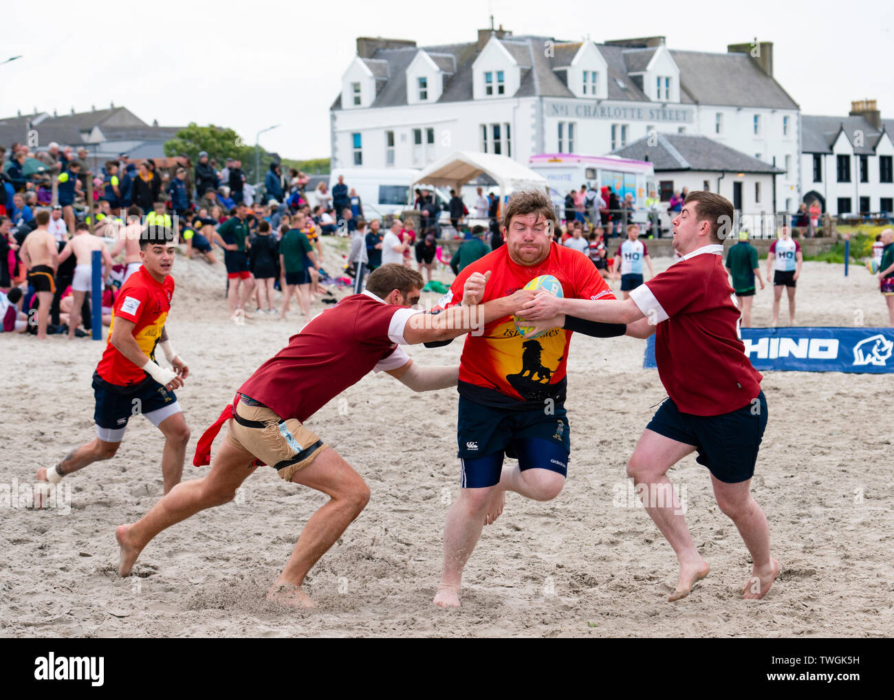 Beach rugby tournament on 8 June 2019 at Port Ellen on Islay in inner ...