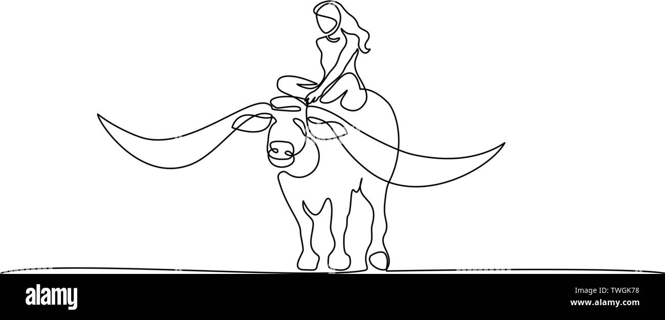 Continuous one line drawing. Buffalo with woman icon. Black and white ...