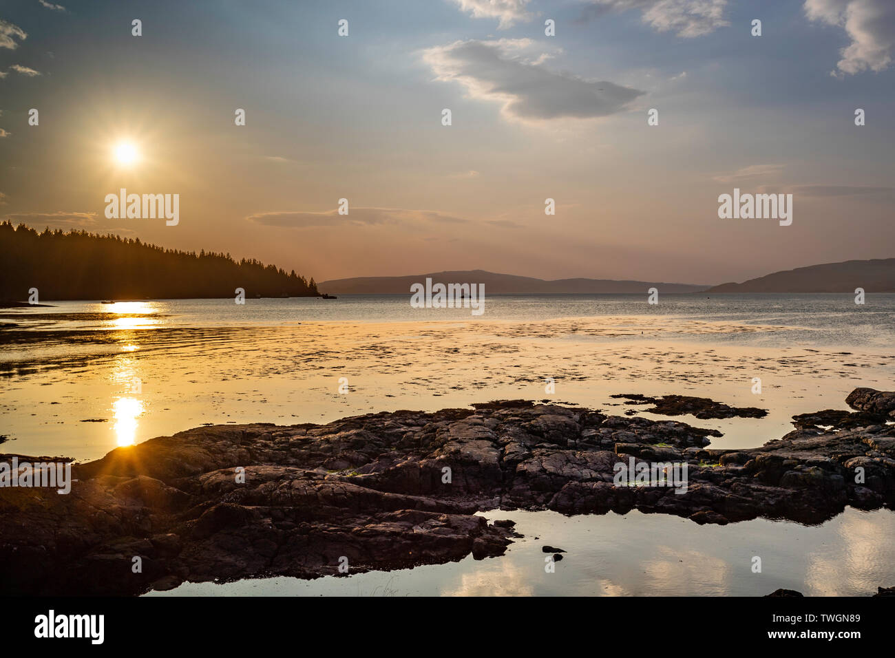 Sunset fromthe hide at Fishnish, looking over the Sound of Mull Stock ...
