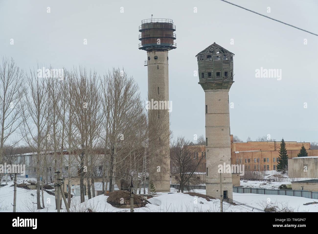 Two old water towers of Soviet era Stock Photo - Alamy