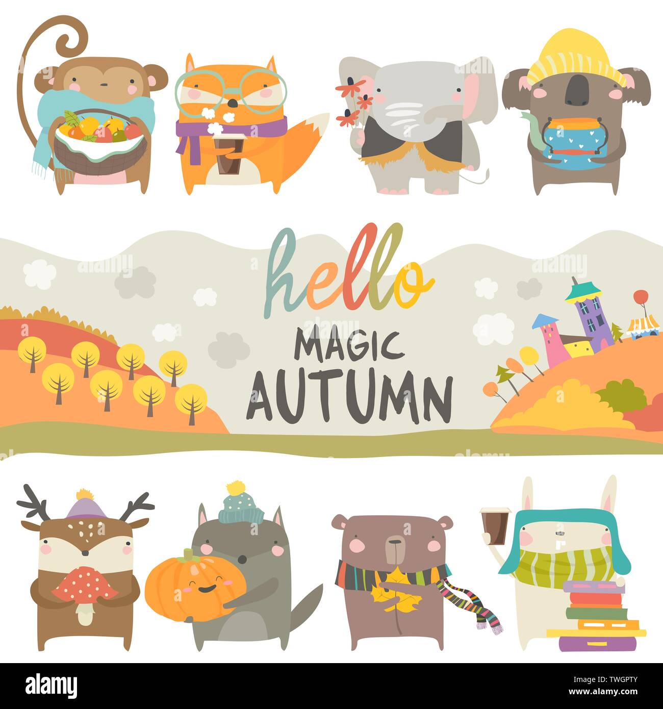 Set of cute animals with autumn theme on white background Stock Vector ...