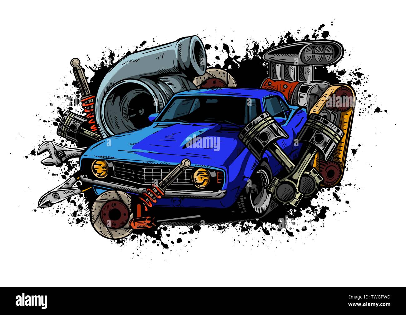 Vintage car components collection witn automobile motor engine piston ...