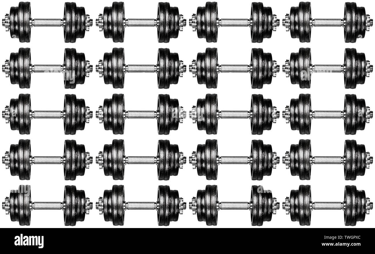 Pattern made from a gym dumbbells, isolated on white background with ...