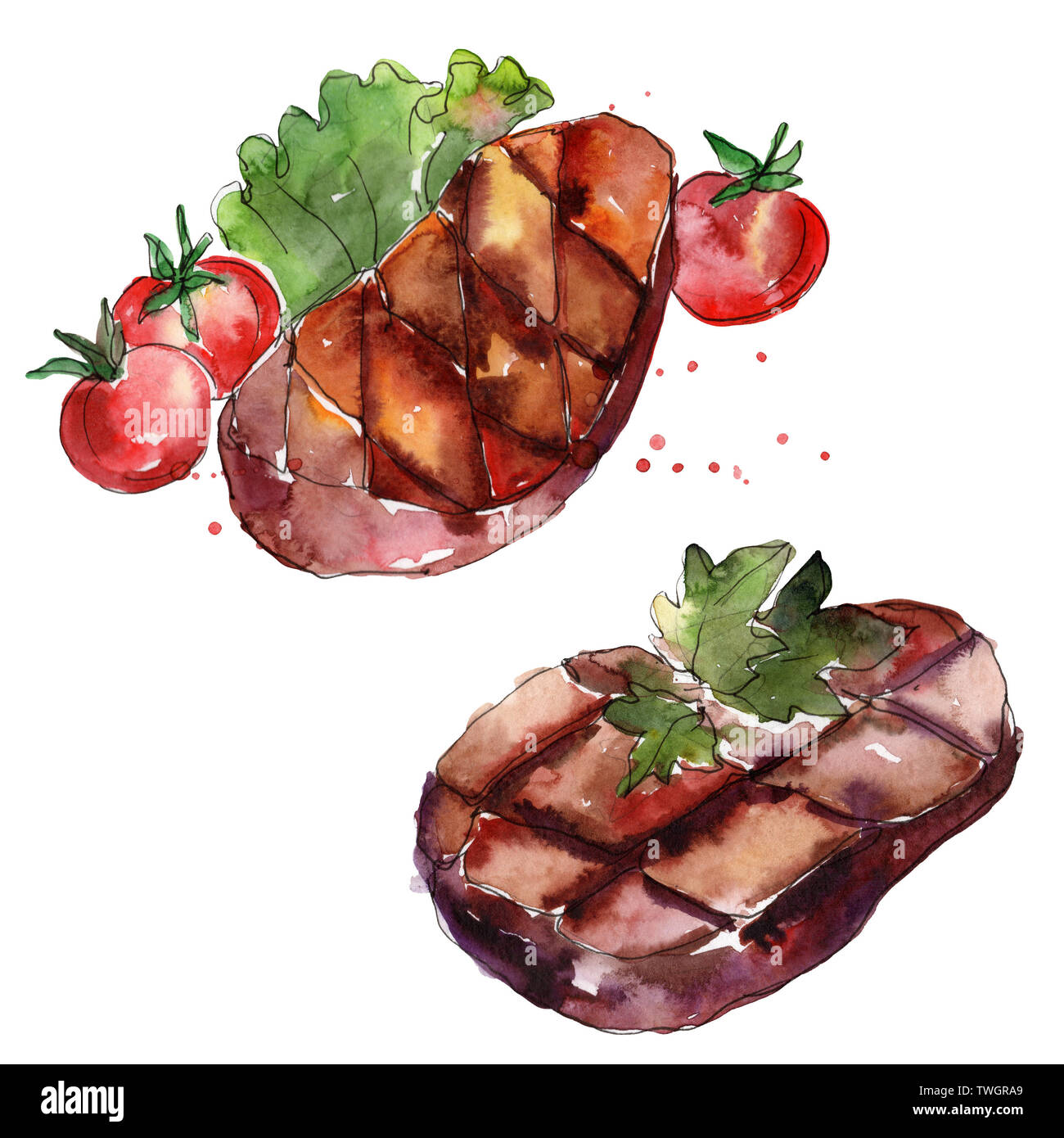Grilled steak tasty food. Hand drawn barbeque meat illustration ...