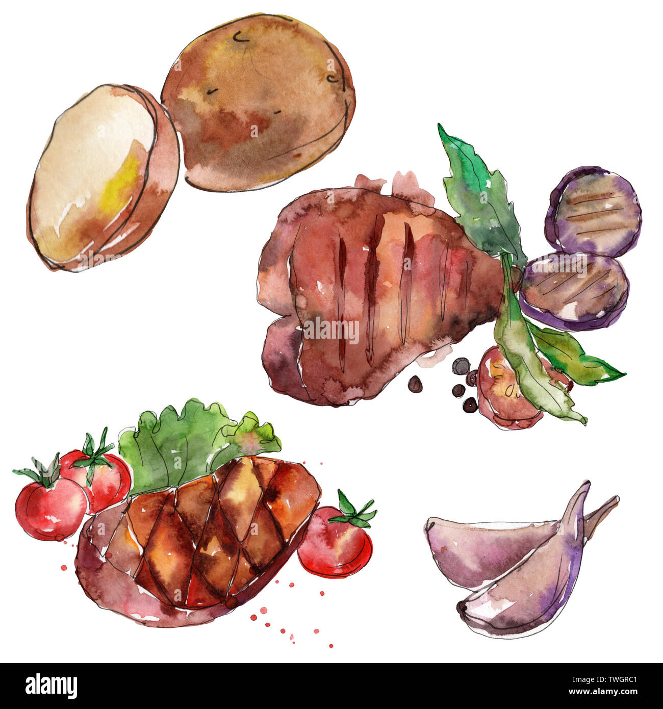 Grilled steak tasty food. Hand drawn barbeque meat illustration ...