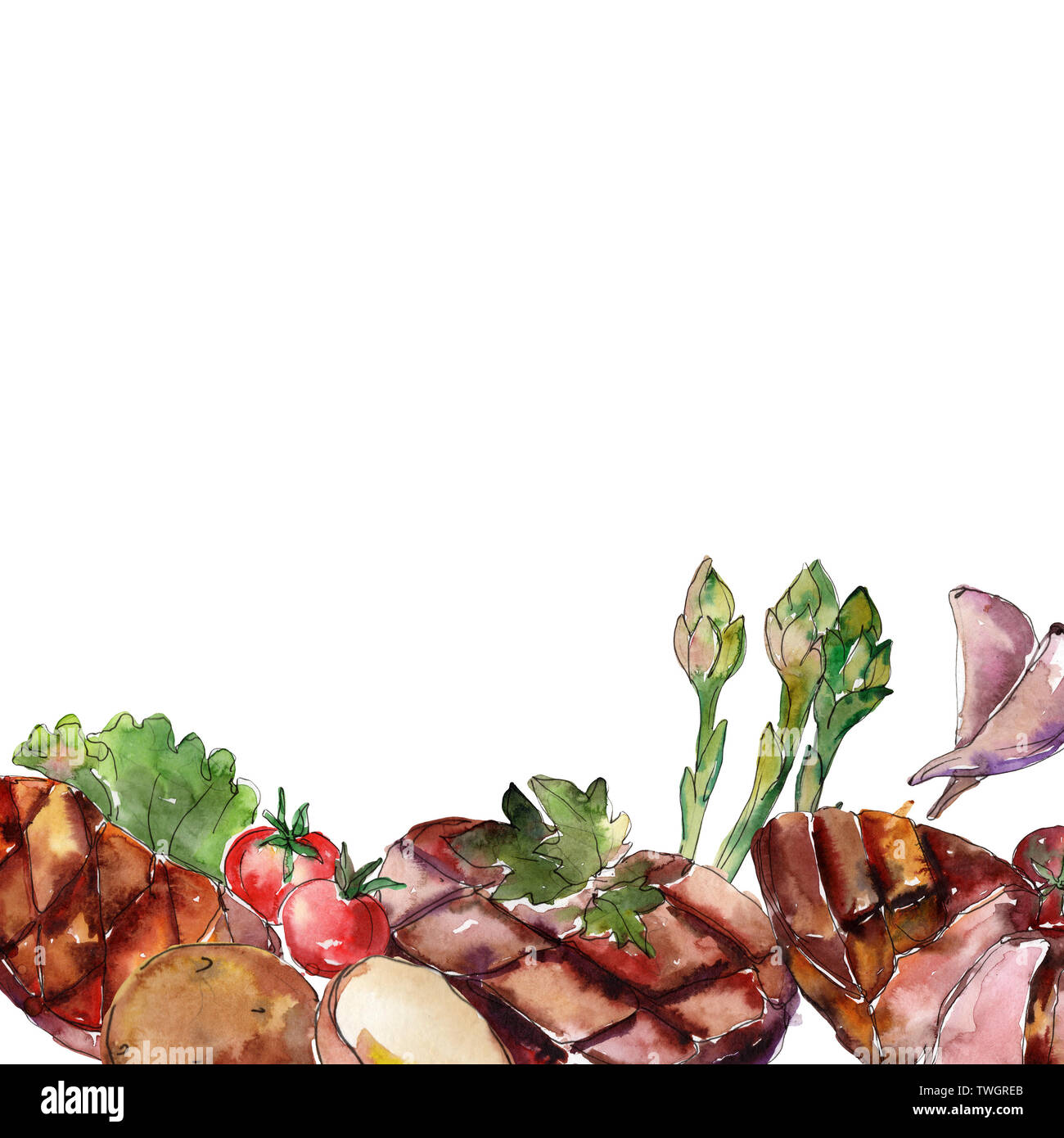 Grilled steak tasty food. Hand drawn barbeque meat illustration ...