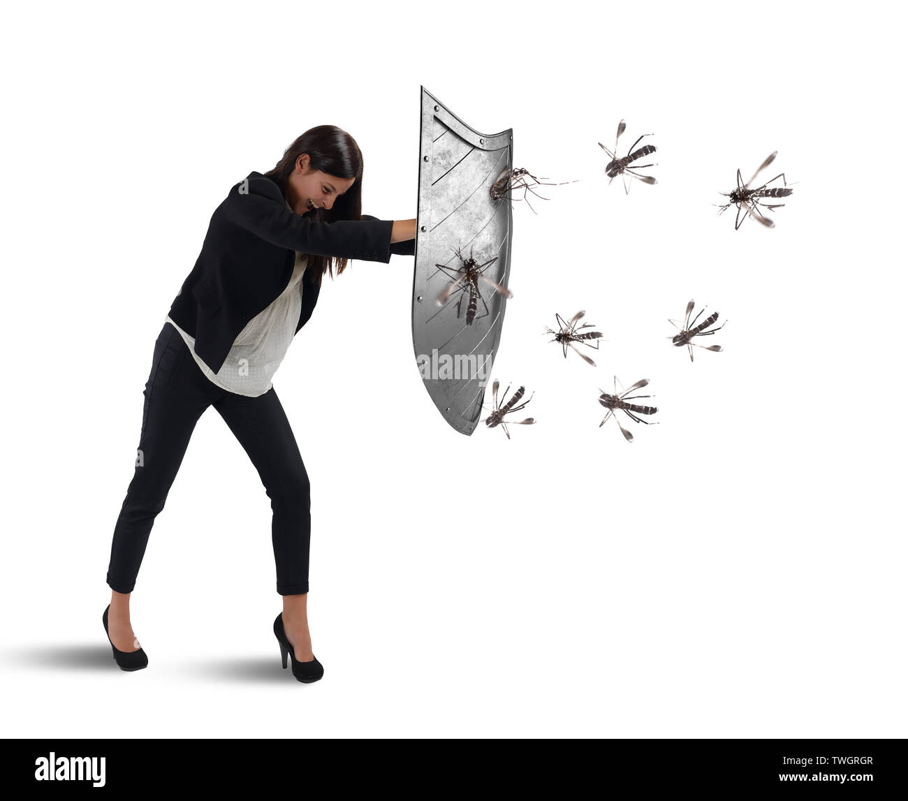 Woman defends herself from the attack of mosquitoes with a shield Stock ...