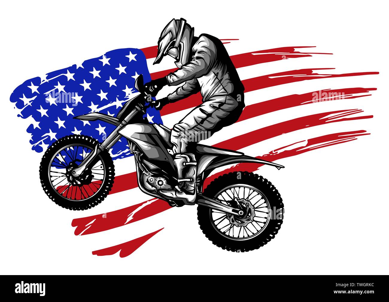 Hand drawn and inked American motocross motorcycle with american flag ...