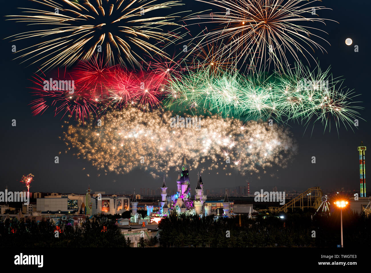 Fireworks night view of Fonte Playground Castle, Shenyang Stock Photo ...