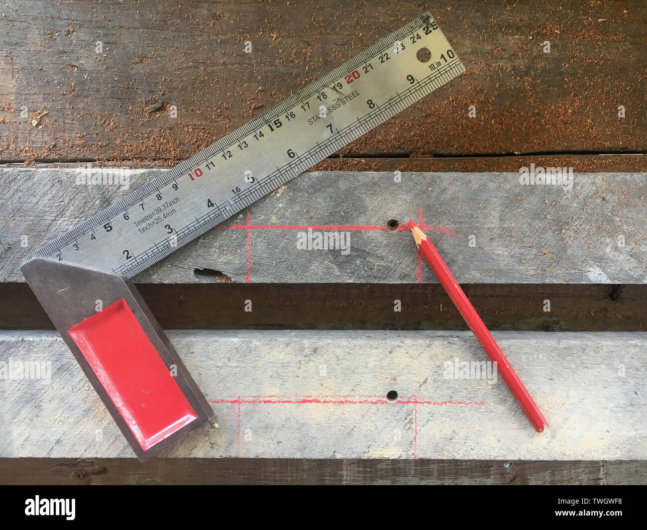 close up marking measurements on the wooden plank Stock Photo - Alamy