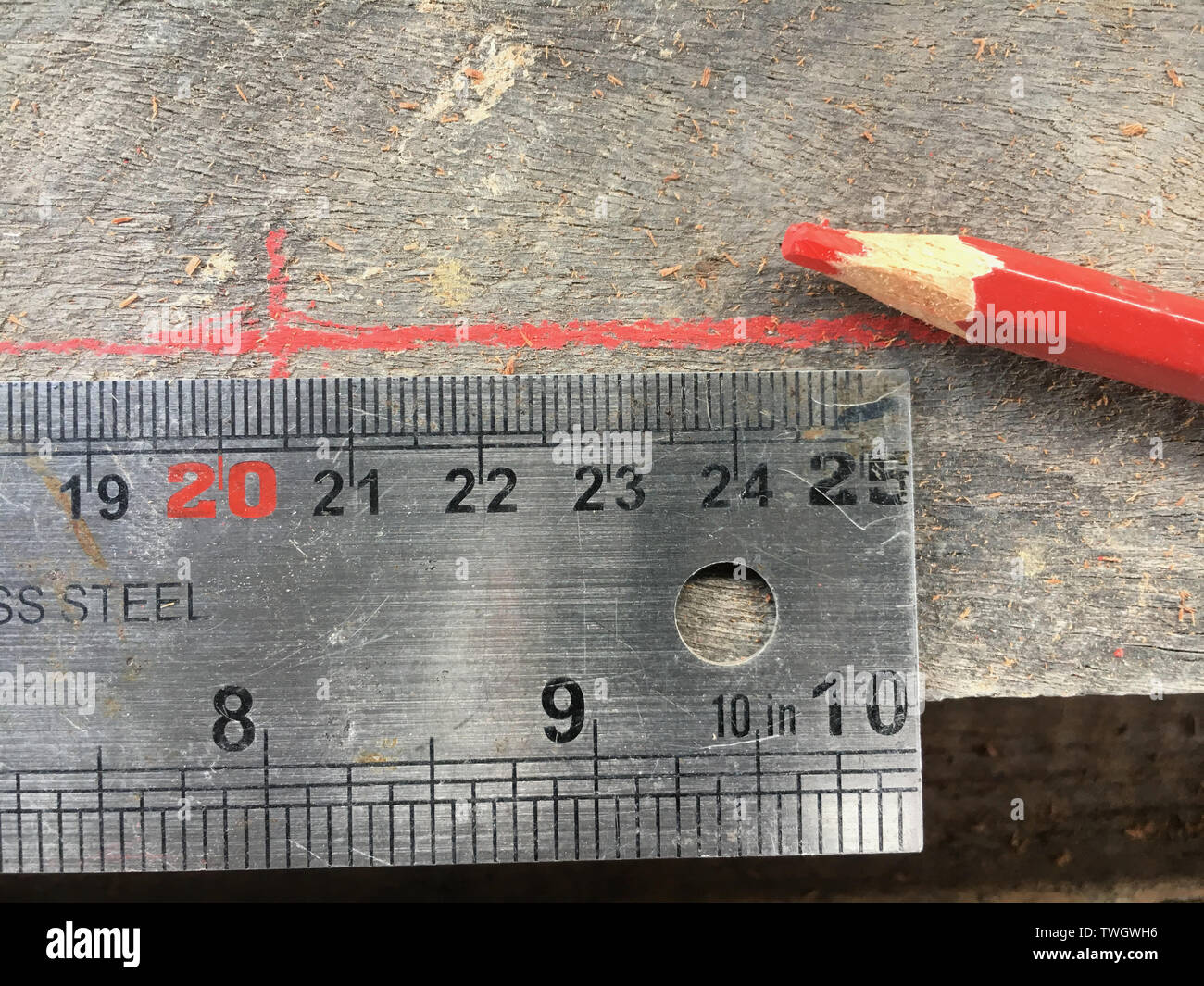 close up marking measurements on the wooden plank Stock Photo - Alamy
