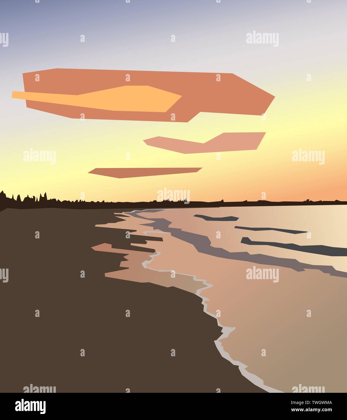 Side view of cartoon sunset and sandy seashore. Colorful illustration ...