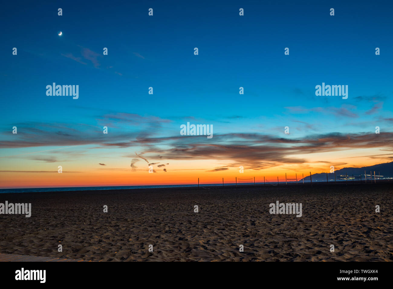Castelldefels beach on sunrise in Barcelona, Catalonia, Spain Stock ...