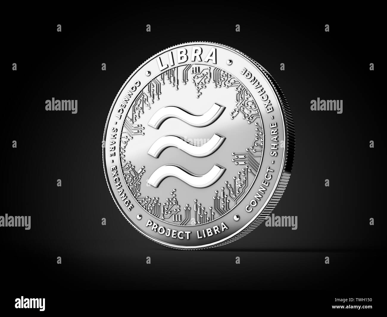 Silver Libra cryptocurrency concept coin isolated on black background ...